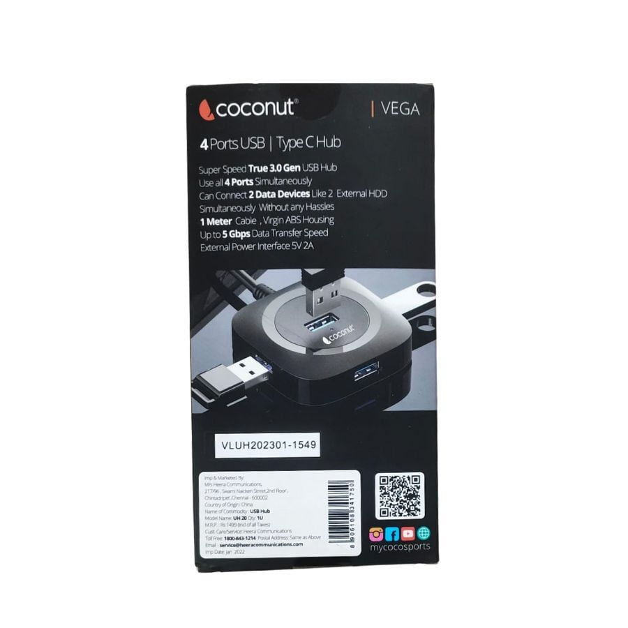 Coconut UH20 Vega – 4-Port USB 3.0 Hub with 1M Cable for Fast Data Transfer