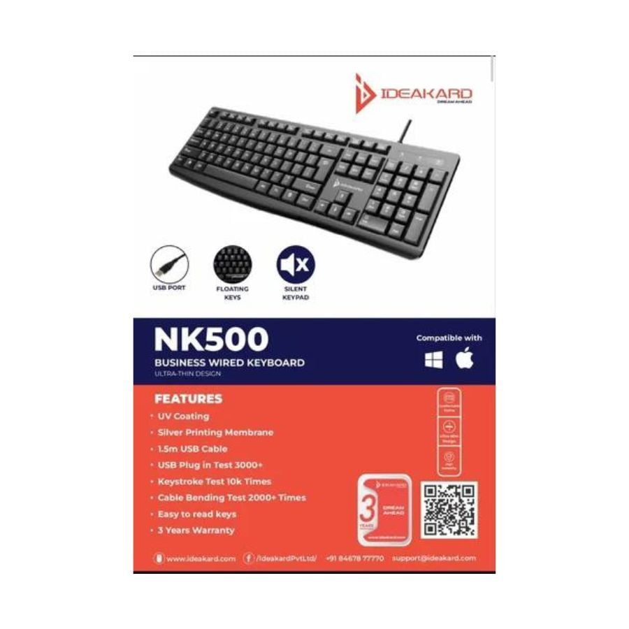 IDEAKARD Wired Keyboard | NK500 | Full-Size Keyboard | USB Plug-and-Play | Black