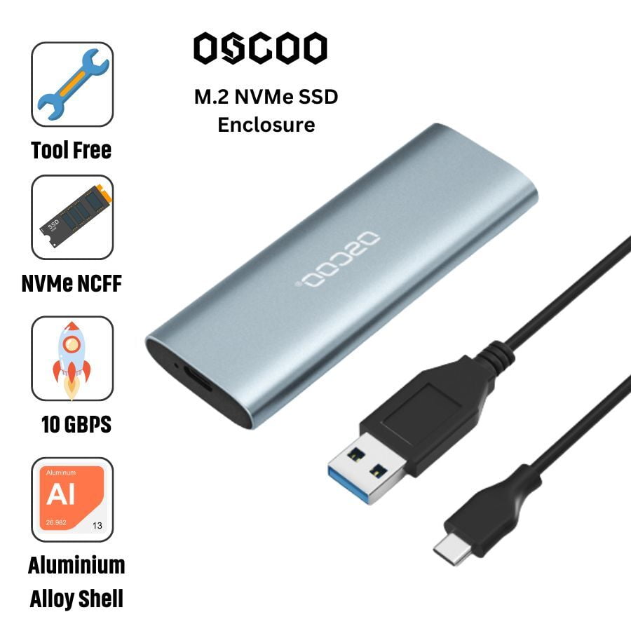 OSCOO M.2 NVME | SATA SSD Enclosure | USB 3.0 | USB-C | Dual Protocol Aluminum Body